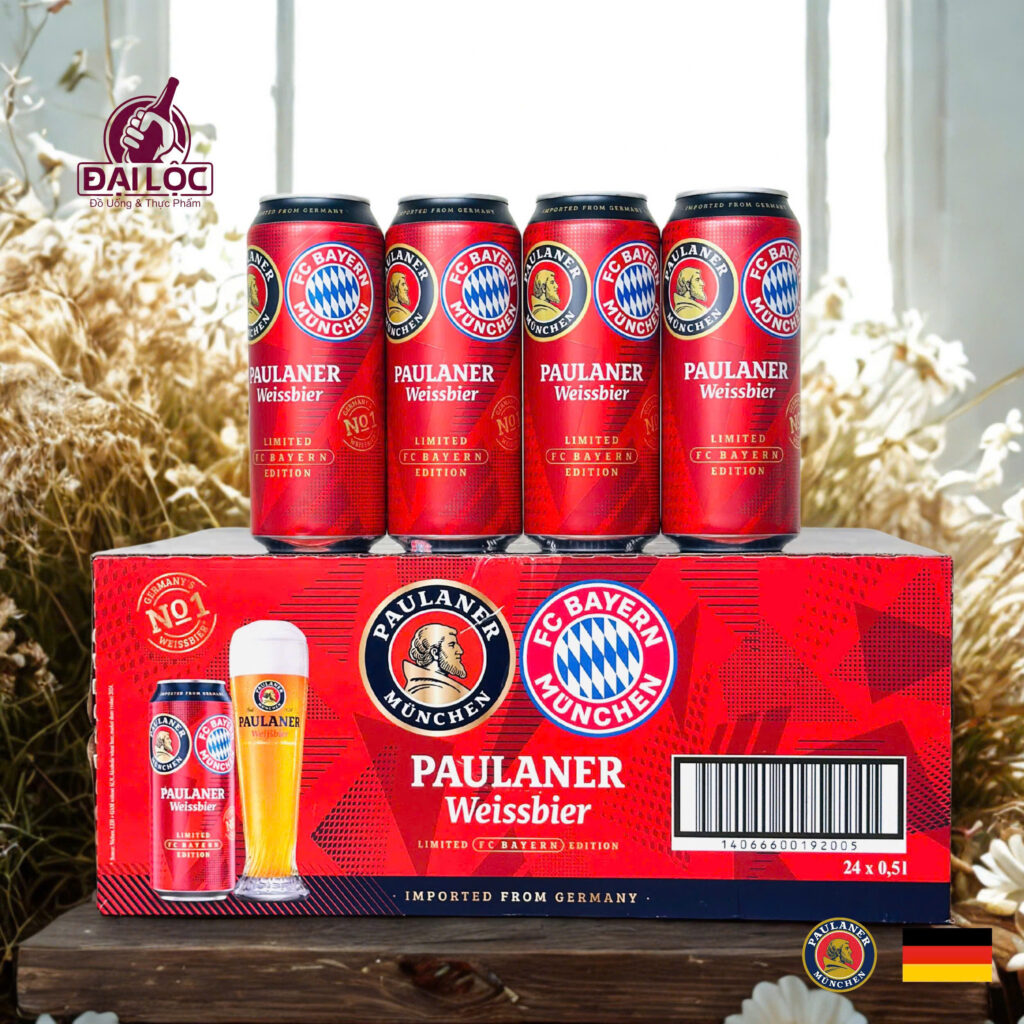 Bia Paulaner Weissbier Bayern FC 5,5% Đức – Thùng 24 Lon 500ml Nhập Khẩu